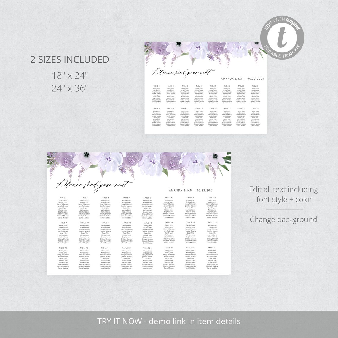 Lavender Floral Seating Chart Template, Horizontal Elegant Seating ...