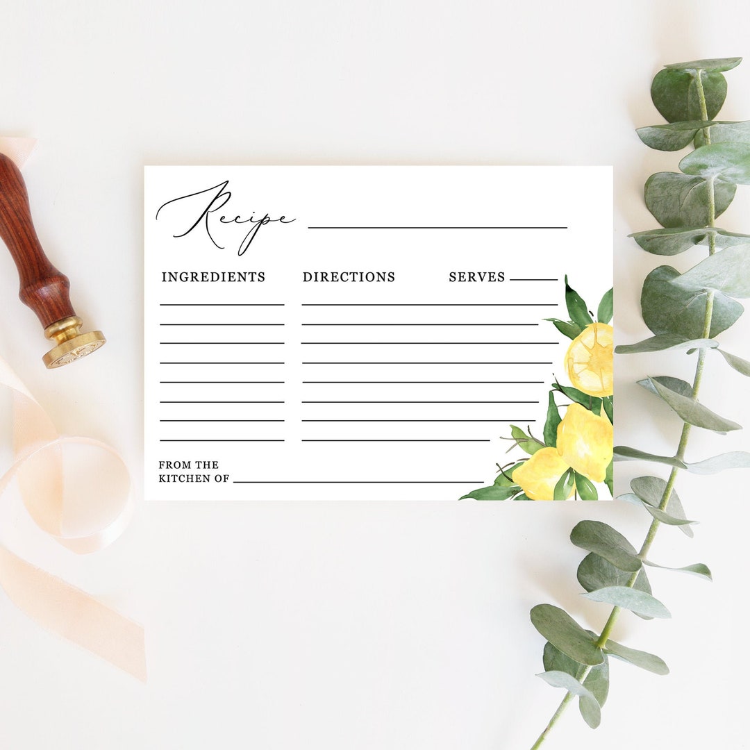 Lyla - Lemon Recipe Card Template, Citrus Bridal Shower Recipe Card ...