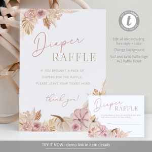 Editable Pumpkin Diaper Raffle Sign Template, Boho Pink Pumpkin Baby ...