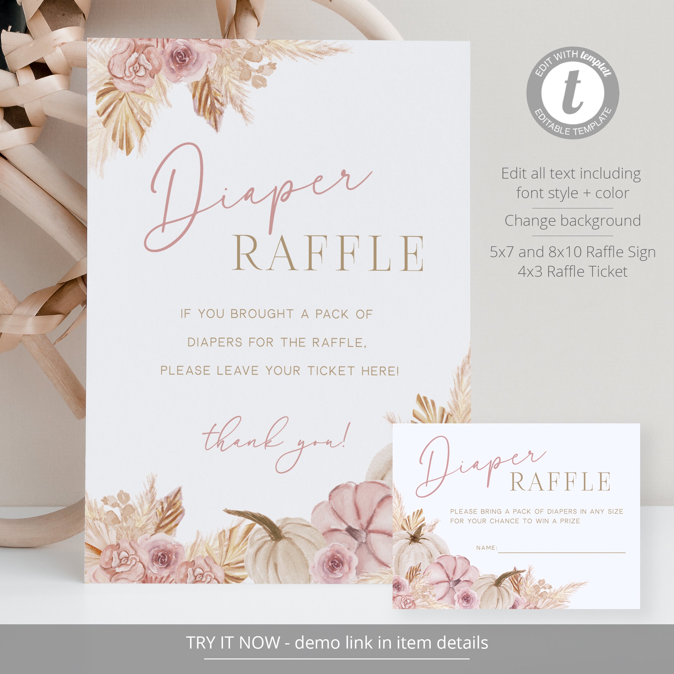 Editable Pumpkin Diaper Raffle Sign Template, Boho Pink Pumpkin Baby ...