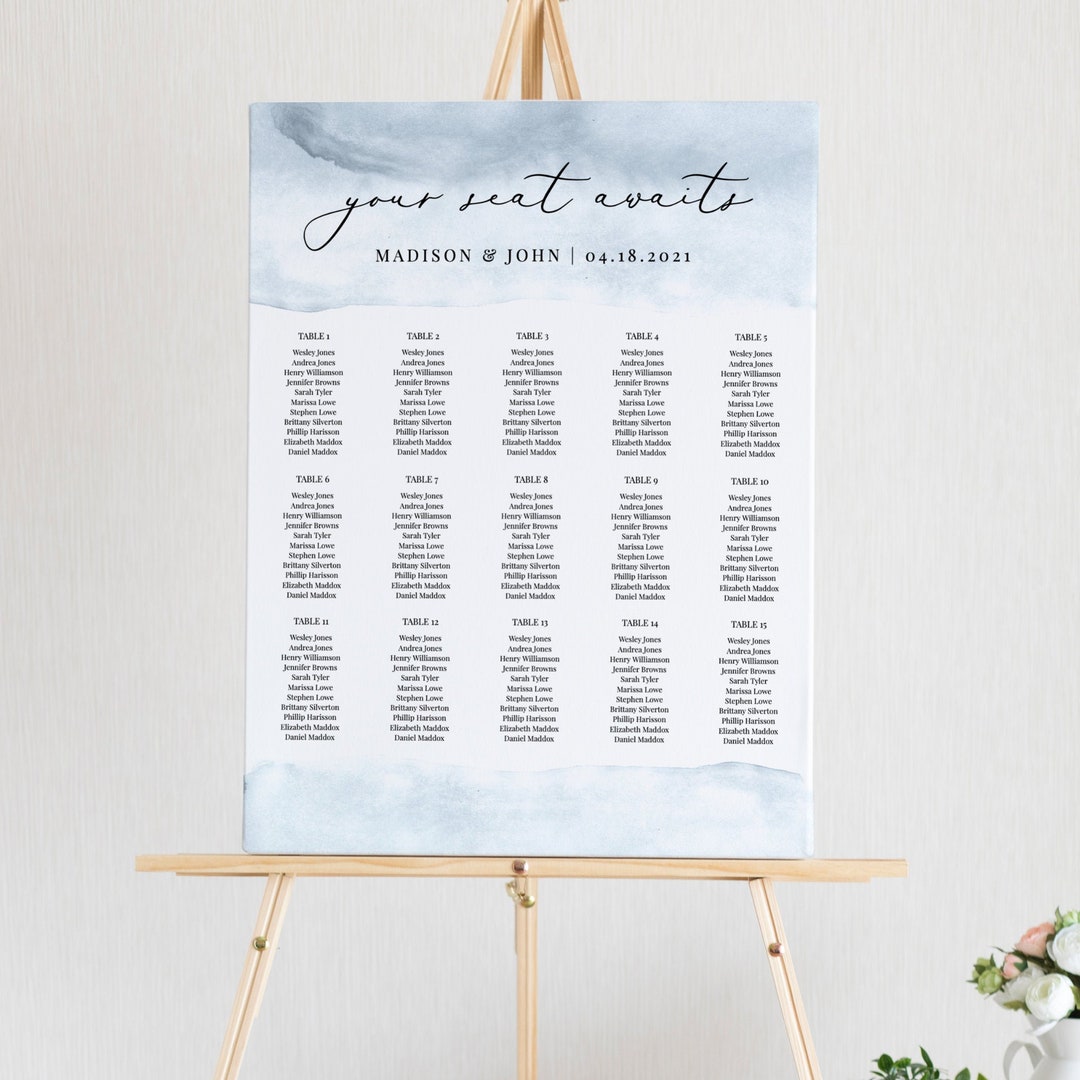 Cece - Dusty Blue Watercolor Seating Chart Template, Vertical Seating ...