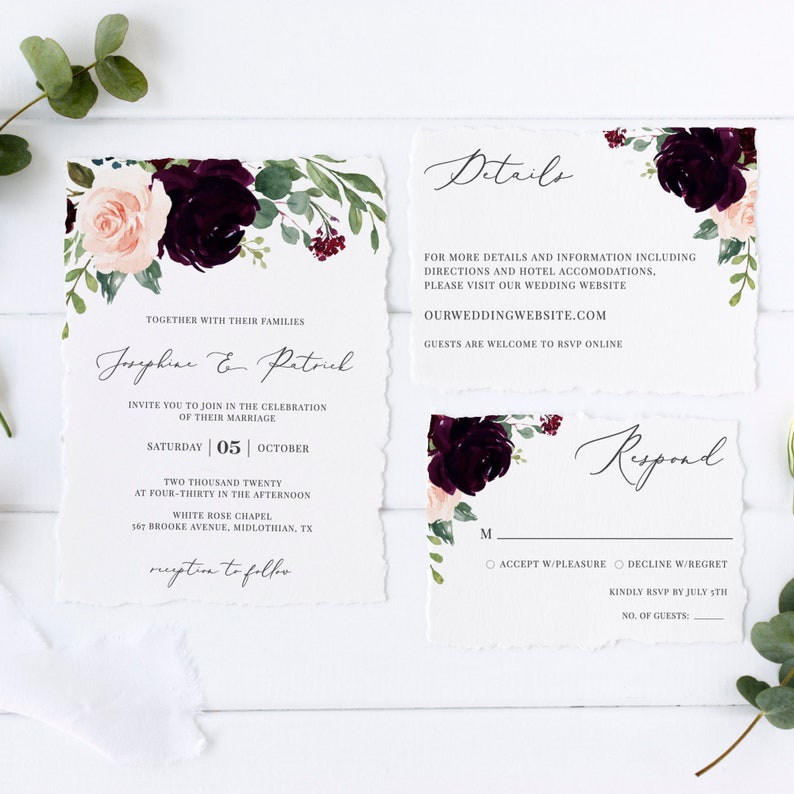Bethany Wedding Invitation Template Download Burgundy Plum - Etsy