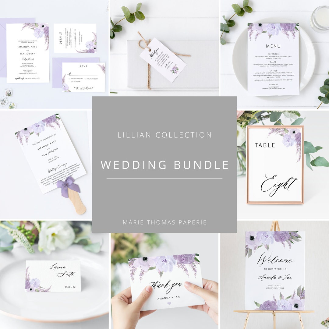 Lavender Wedding Template Bundle, Purple Wedding Invitation Kit, Bundle ...