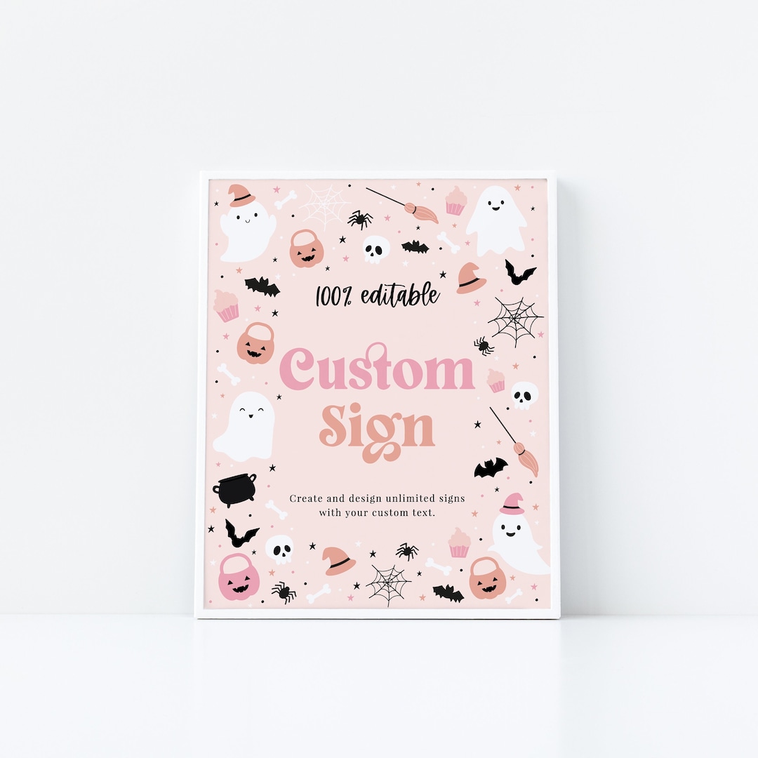 Editable Halloween Party Sign Template, Cute Pink Ghost Party Sign ...