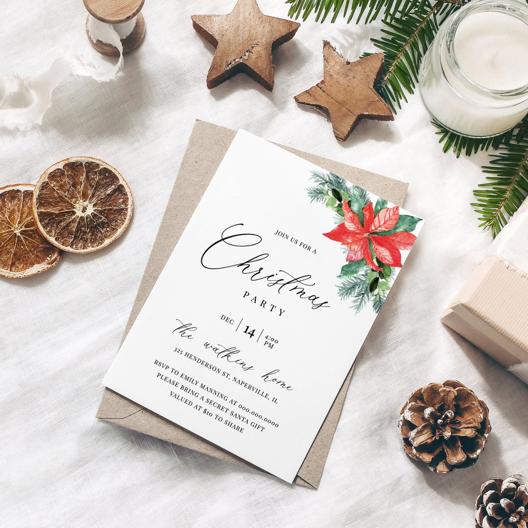 Christmas Party Invitation Template, Winter Poinsettia Pine, Elegant ...