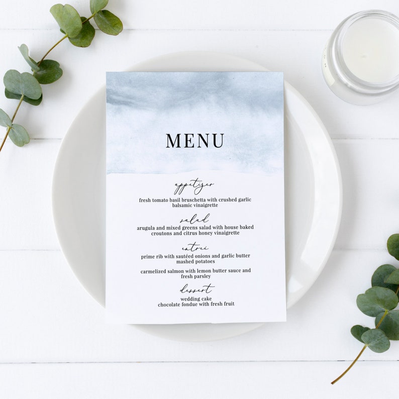 Cece Watercolor Wedding Menu Template Soft Dusty Blue - Etsy