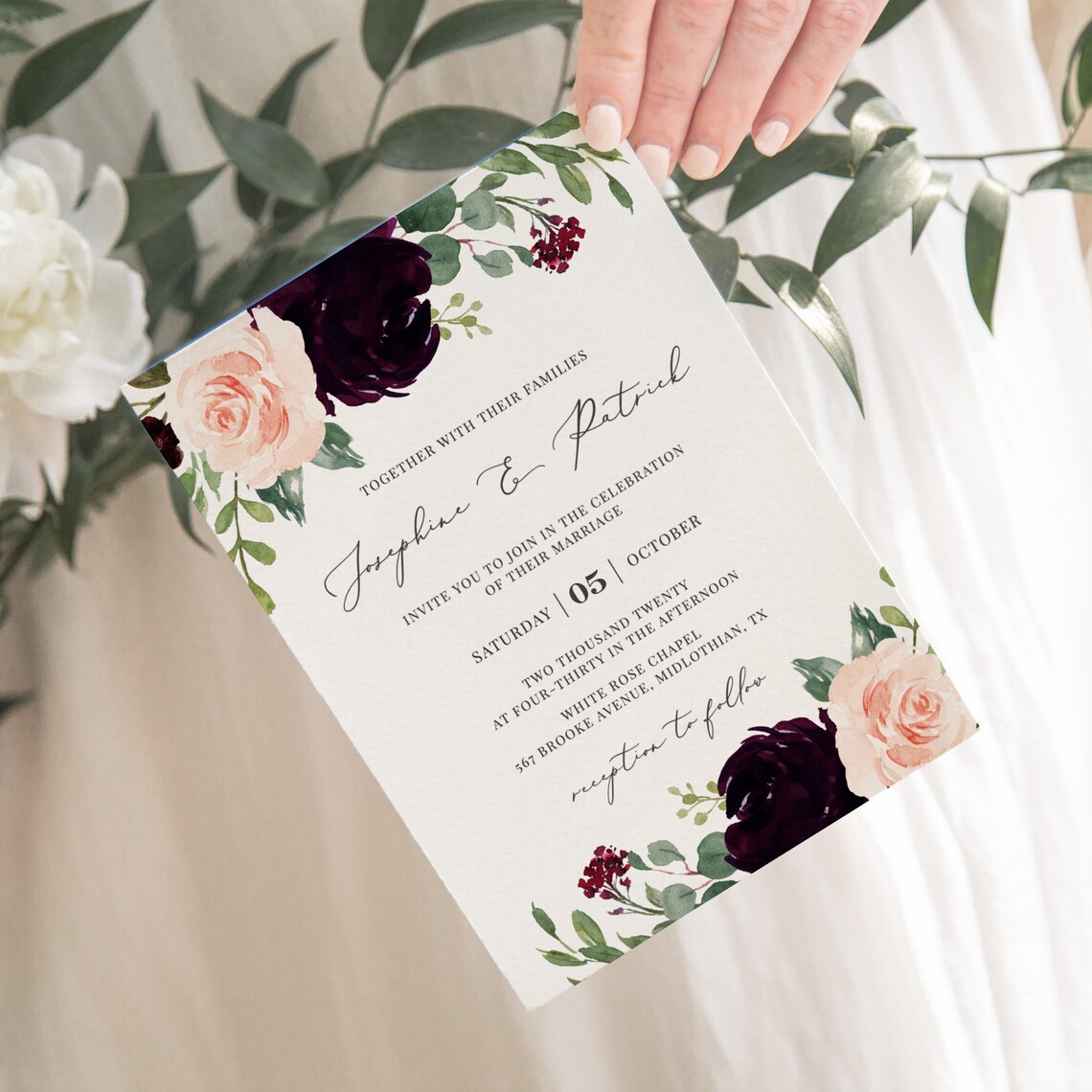 Bethany Wedding Invitation Template Download Burgundy Plum | Etsy