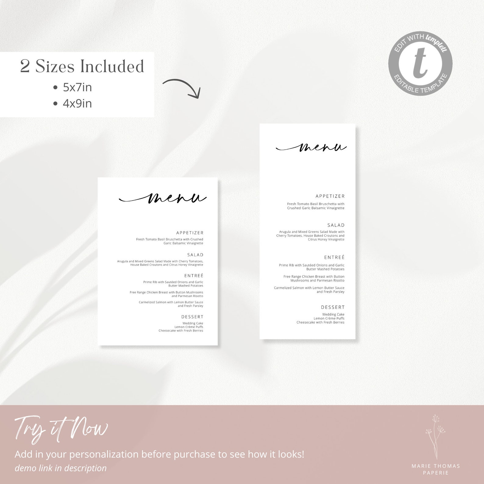 Wedding Menu Template, Minimalist Wedding Menu Card, Elegant Script ...