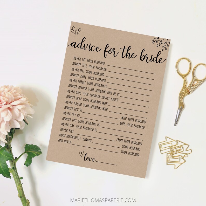 Savanah - Advice for the Bride, Bridal Shower Games Printable, Rustic ...