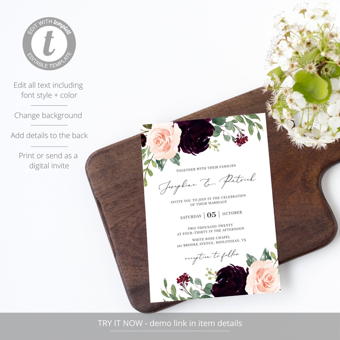 Bethany Wedding Invitation Template Download Burgundy Plum | Etsy