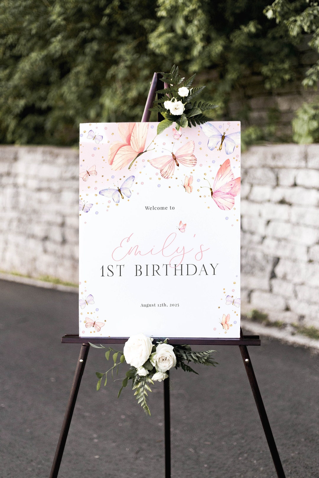 Editable Butterfly First Birthday Welcome Sign, Pink Butterfly Birthday ...