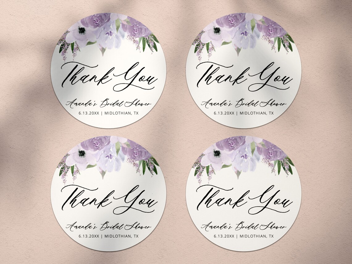 Bridal Shower Favor Sticker Template, Purple Floral Thank You Tags ...