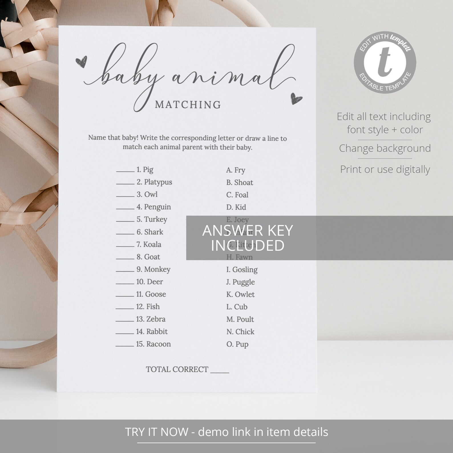 Baby Animal Matching Game, Baby Shower Games Printable, Match the Baby ...