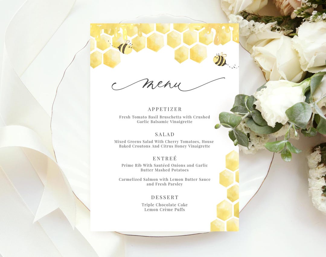 Honeybee Menu Template, Bee Baby Shower Menu Card, Honeycomb Bridal ...
