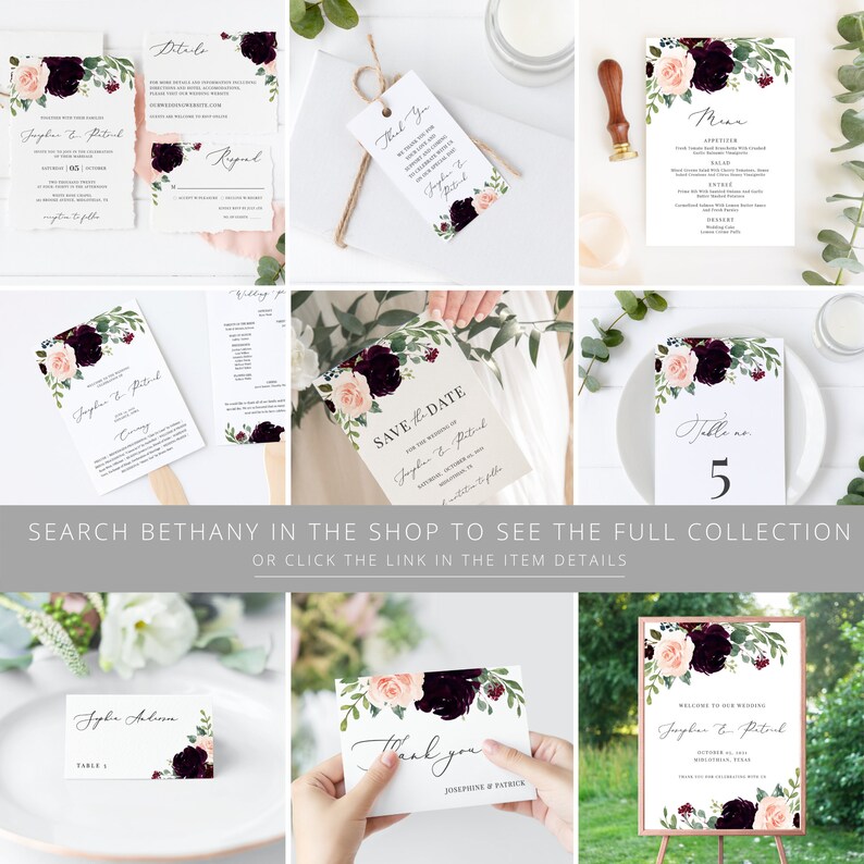 Bethany Wedding Invitation Template Download Burgundy Plum - Etsy