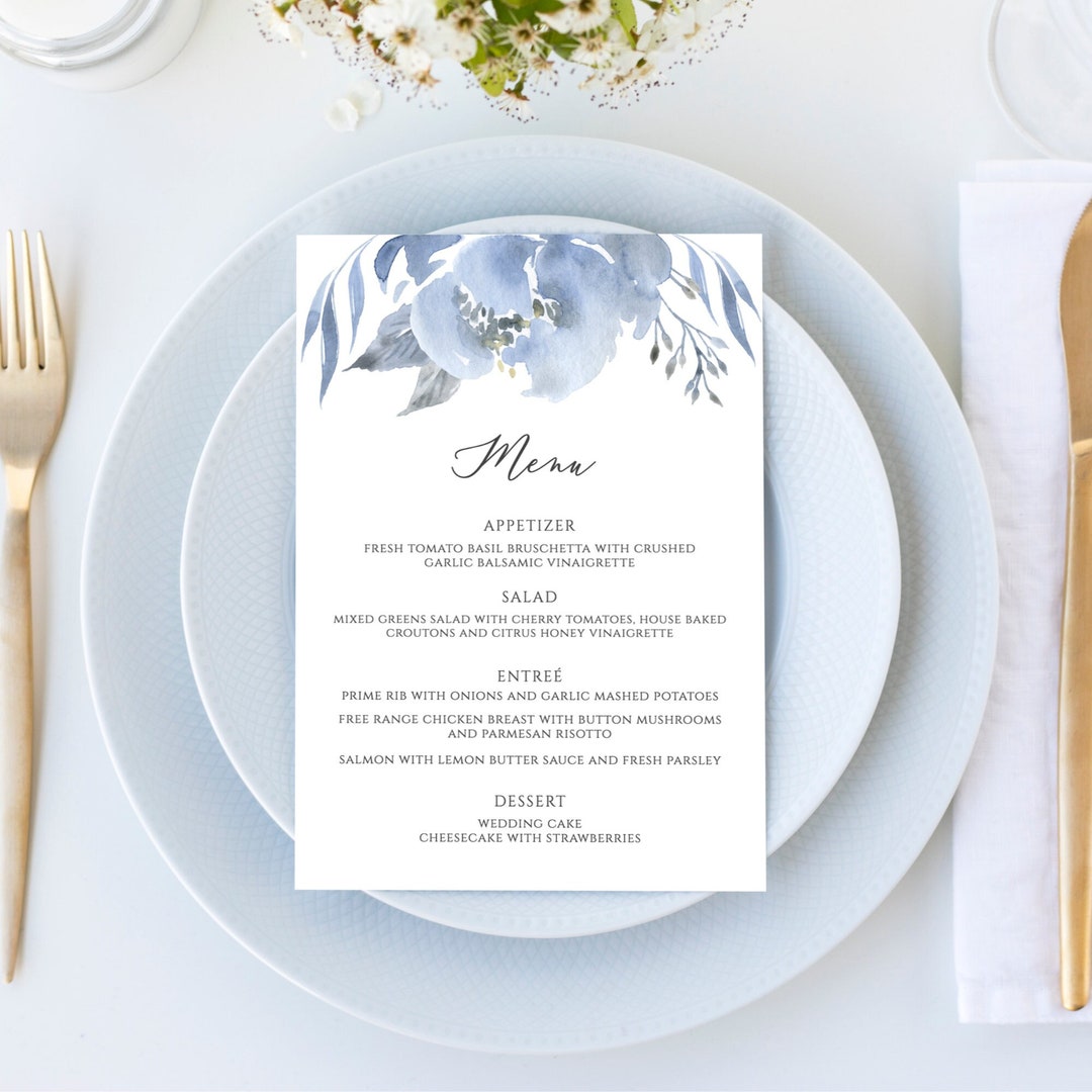 Dusty Blue Wedding Menu Template, Blue Gray Wedding Menu Card, Floral ...