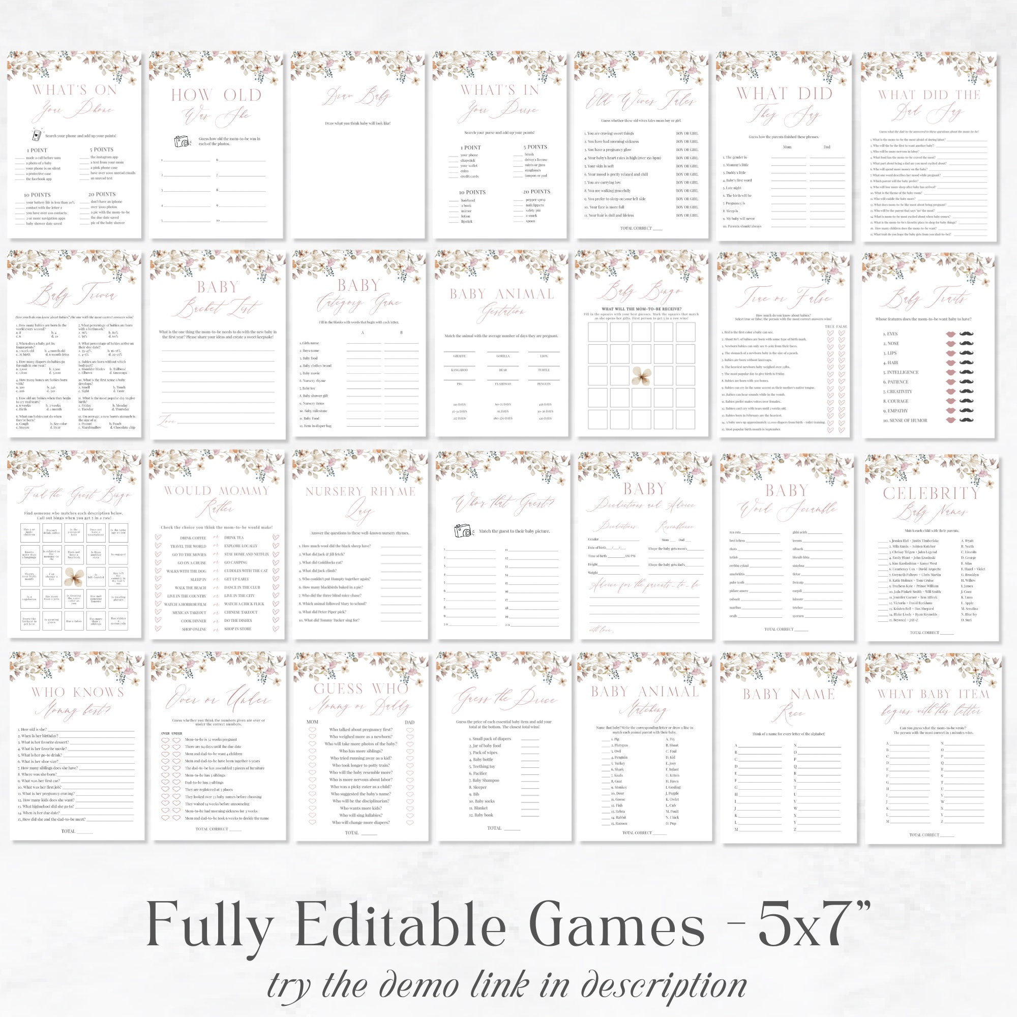 Editable Wildflower Baby Shower Game Bundle, Floral Baby Shower Games ...