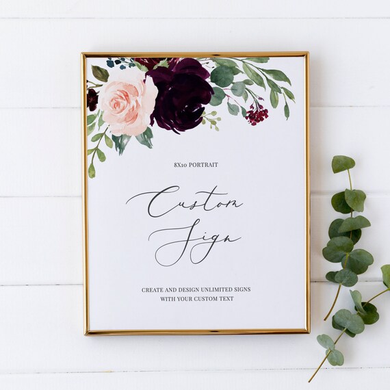 Bethany Custom Wedding Sign Template Burgundy Floral | Etsy