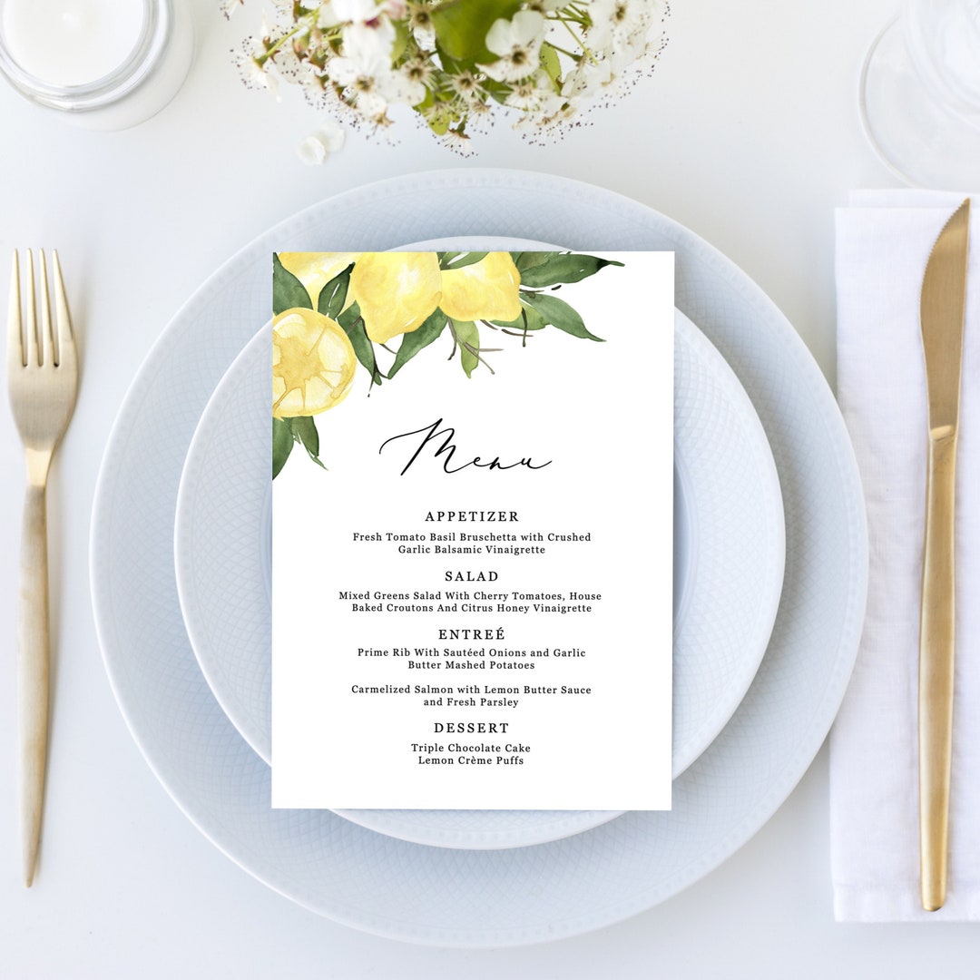 Lyla - Lemon Wedding Menu Template, Summer Citrus Wedding Menu Card ...