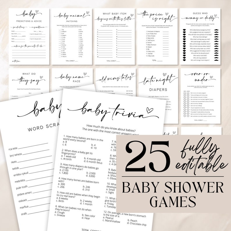 Paquete de juegos para baby shower, juegos minimalistas, juegos ...