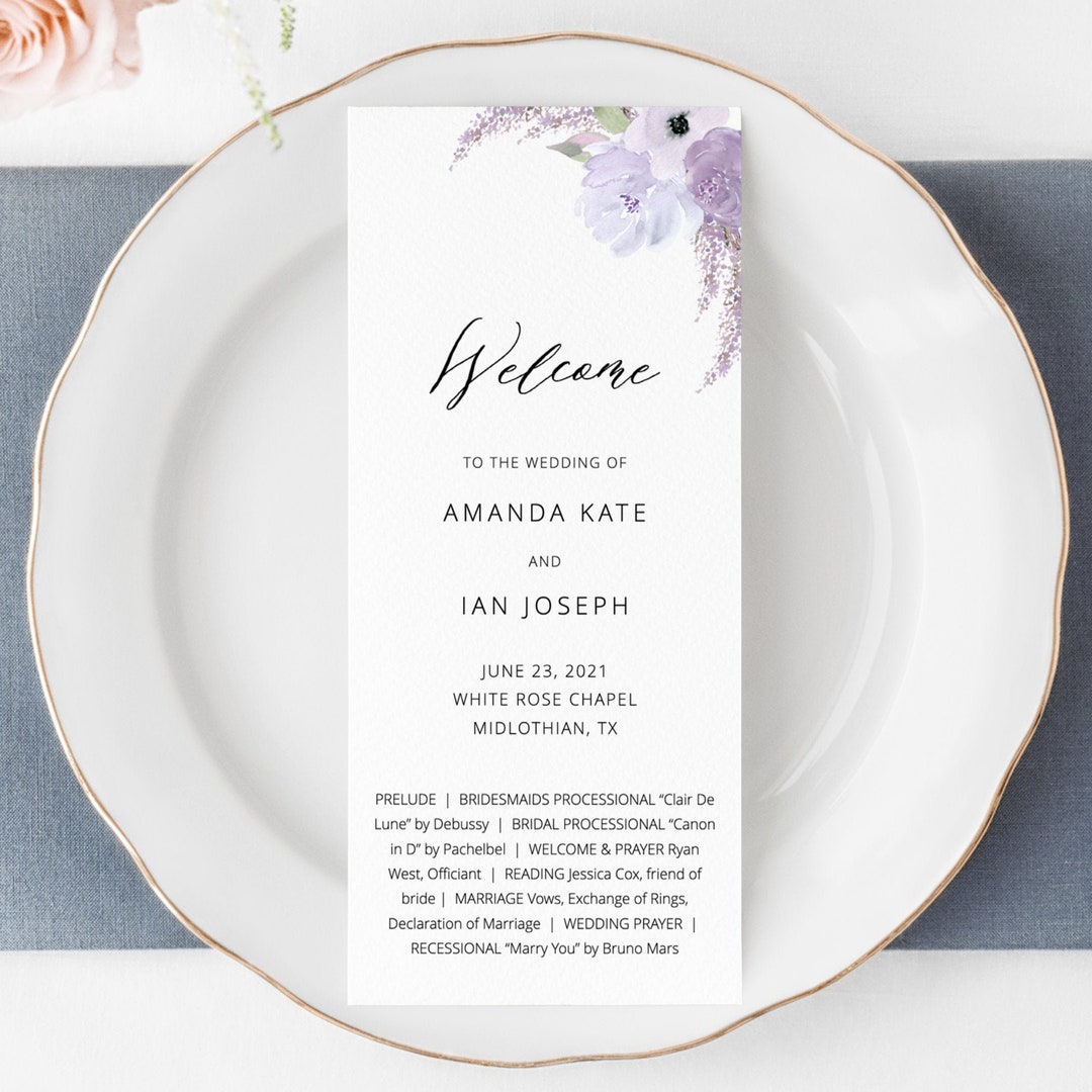 Wedding Program Template, Elegant Lavender Wedding Ceremony Program, Flat Wedding Program, 100% ...