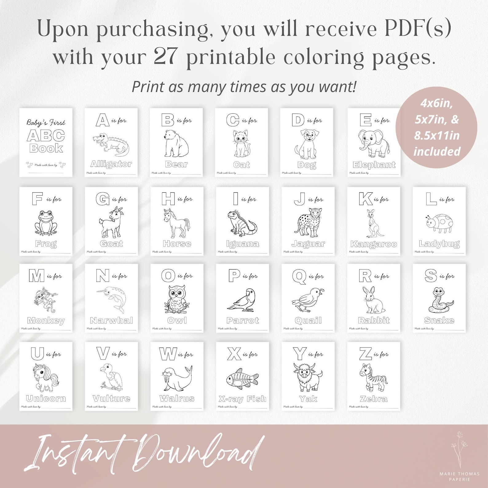 Baby's First ABC Animals Book, Alphabet Coloring Pages, Baby Shower ...
