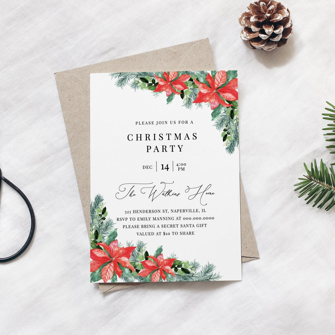 Christmas Party Invitation Template, Poinsettia Pine, Winter Holiday ...