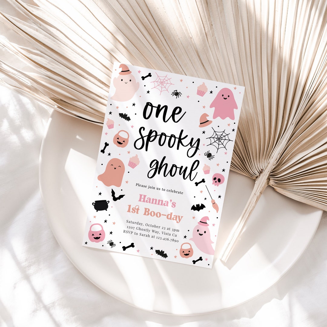 EDITABLE One Spooky Ghoul 1st Birthday Party Invitation, Cute Pink ...