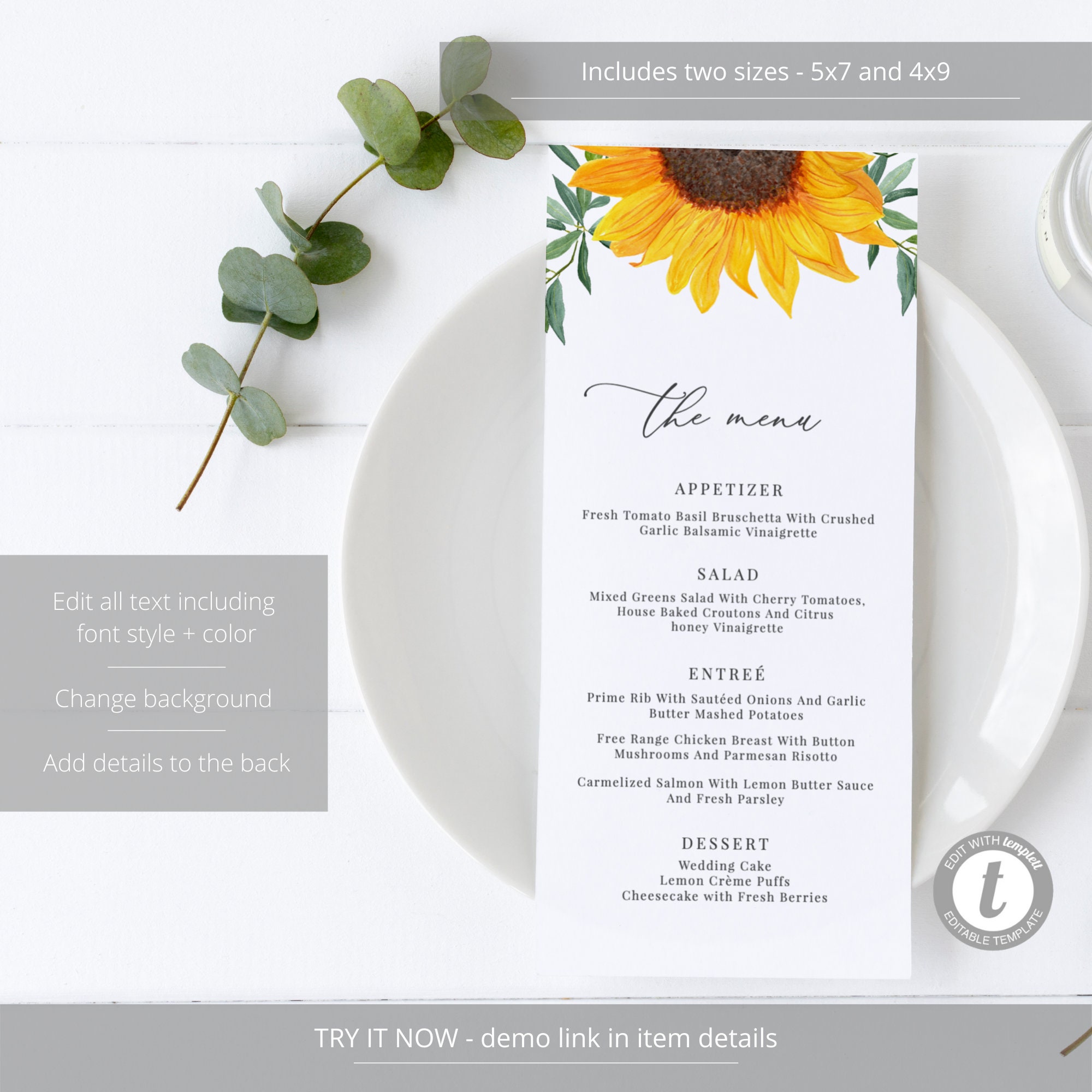Maybelle Sunflower Wedding Menu Template Rustic Wedding - Etsy