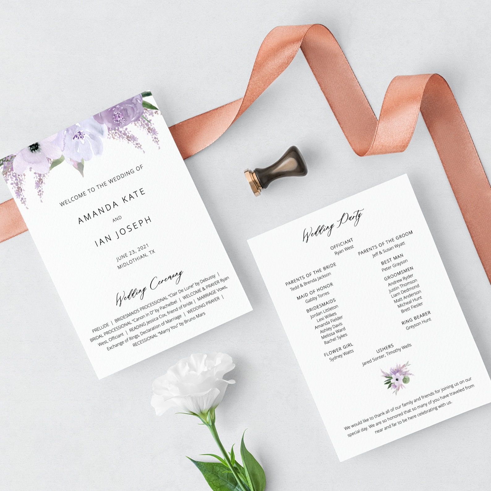 Lavender Wedding Program Fan Template, Lilac Purple Floral, Wedding ...