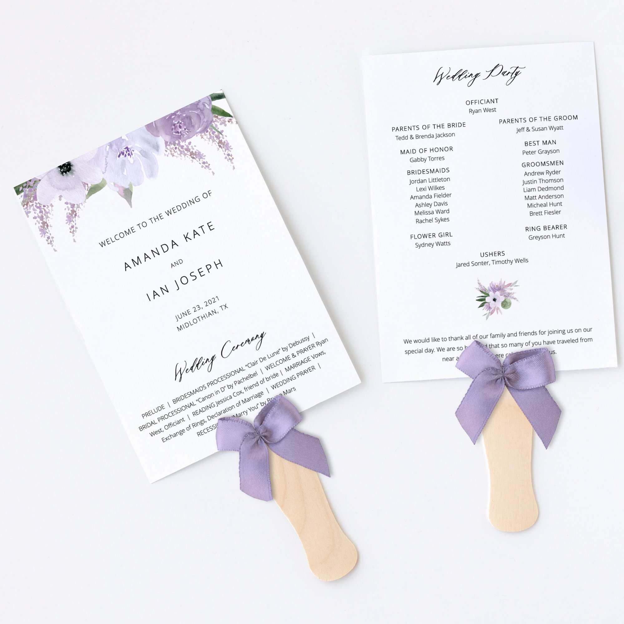 Lavender Wedding Program Fan Template, Lilac Purple Floral, Wedding ...