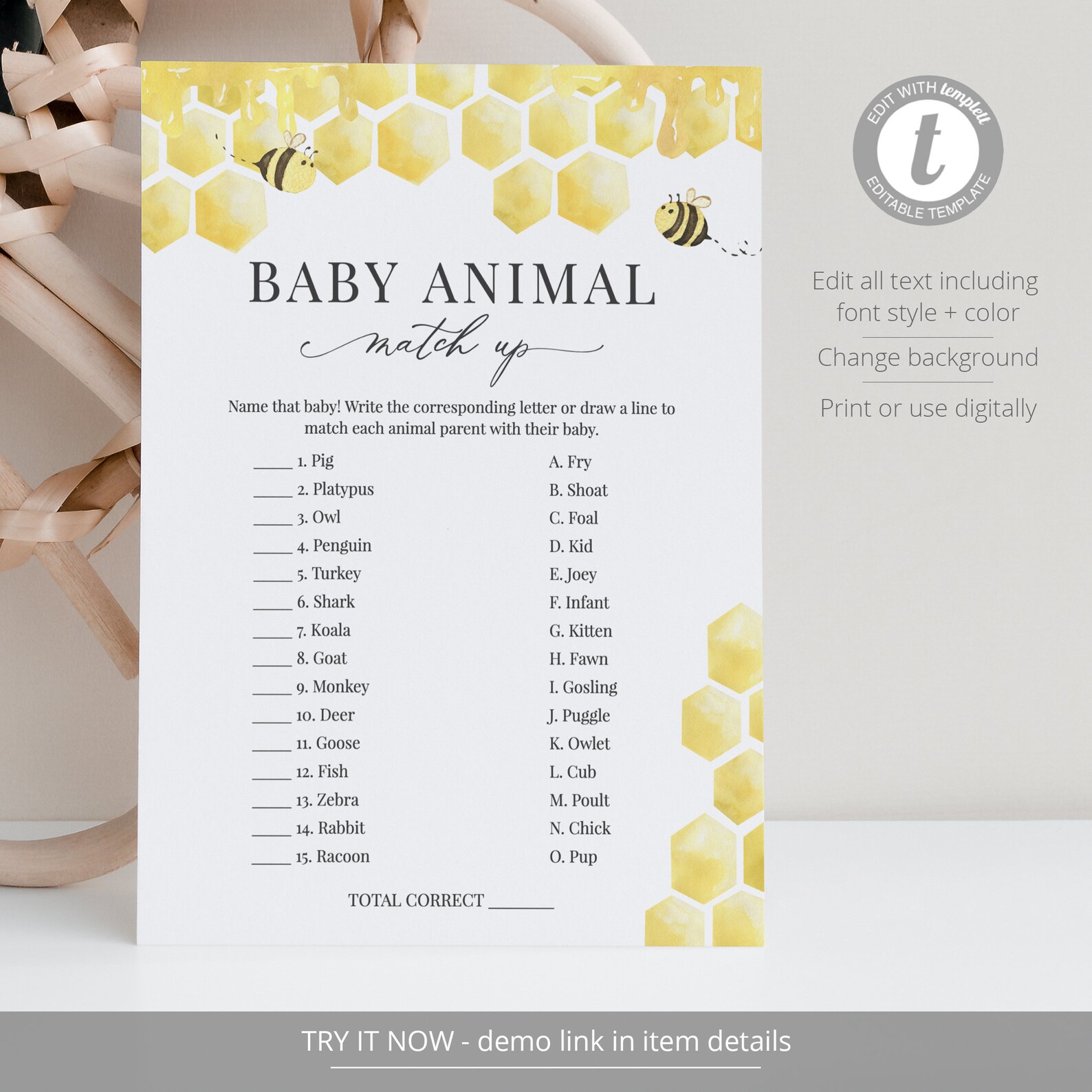 Baby Animal Matching, Honeycomb Baby Shower Games Printable, Honey Bee ...