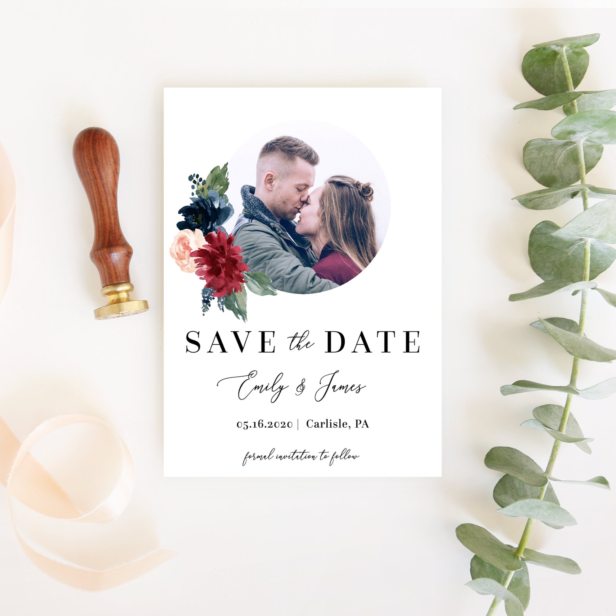 Mara - Save the Date Template With Photo, Burgundy Floral Save the Date ...