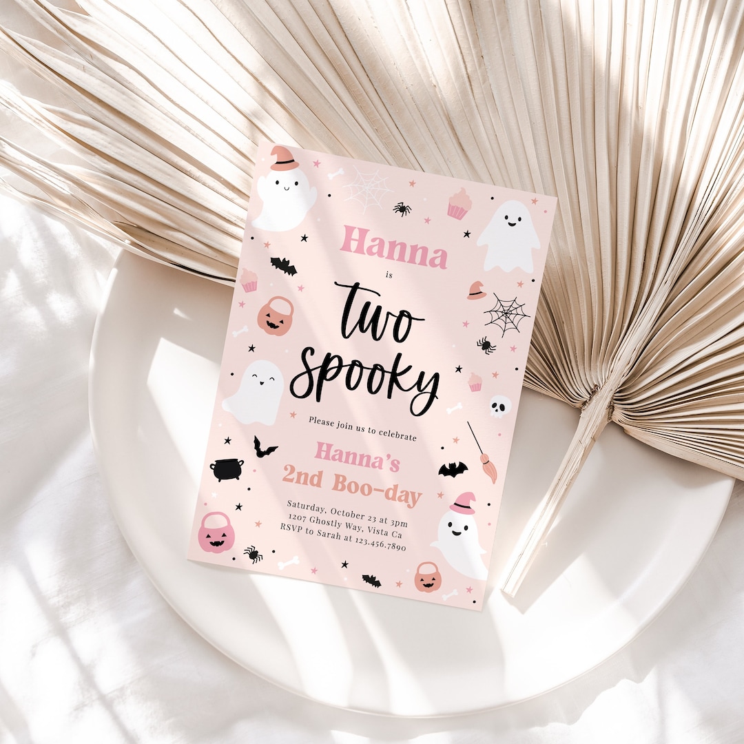 EDITABLE Two Spooky 2nd Birthday Party Invitation, Cute Pink Ghost ...
