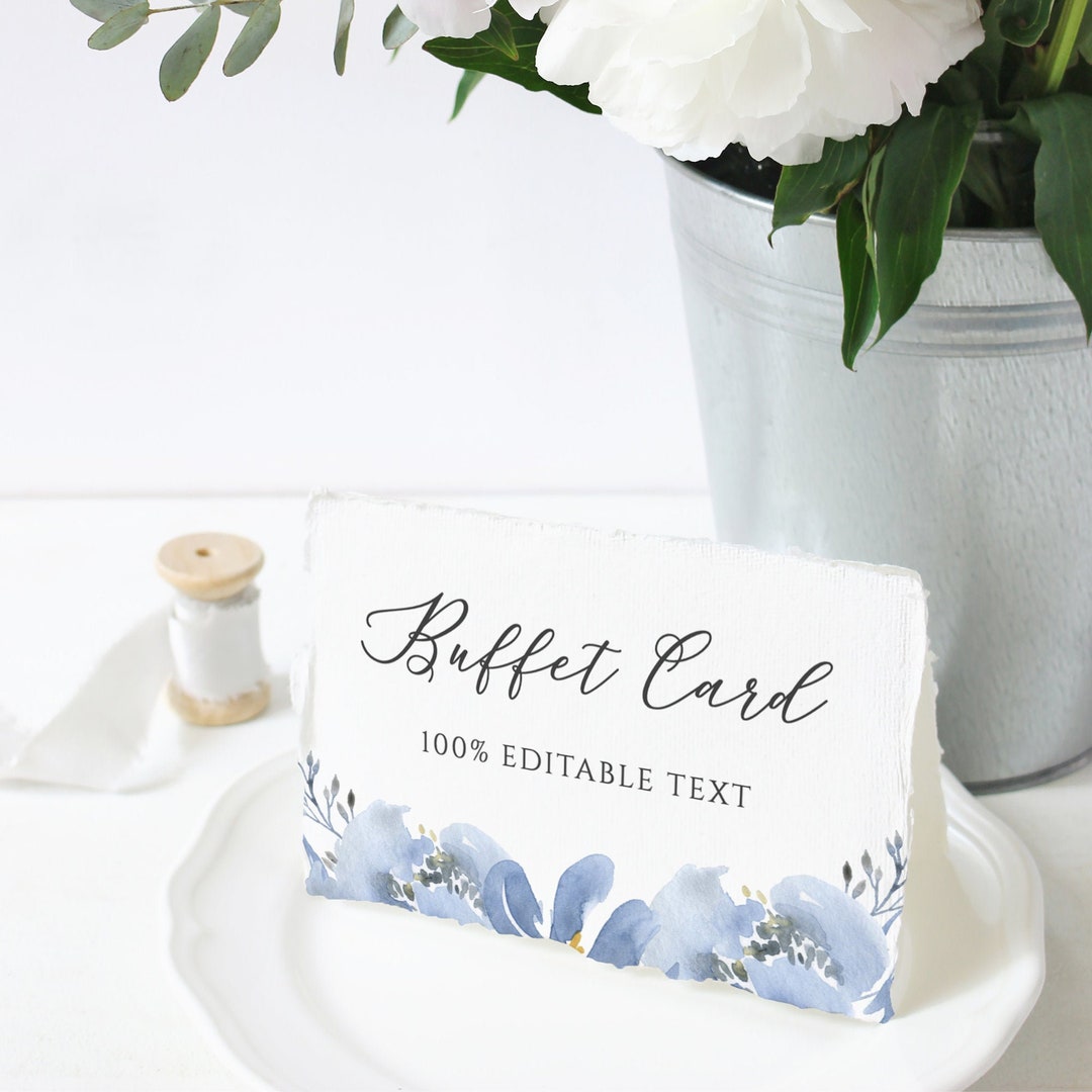 Buffet Card Template, Dusty Blue Wedding Food Label, Floral Wedding ...