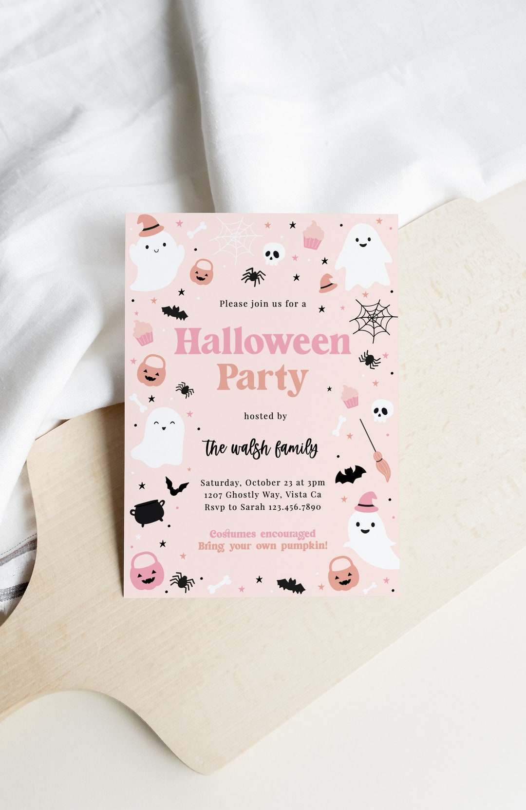 EDITABLE Cute Halloween Party Invitation, Pink Halloween Ghost Party ...