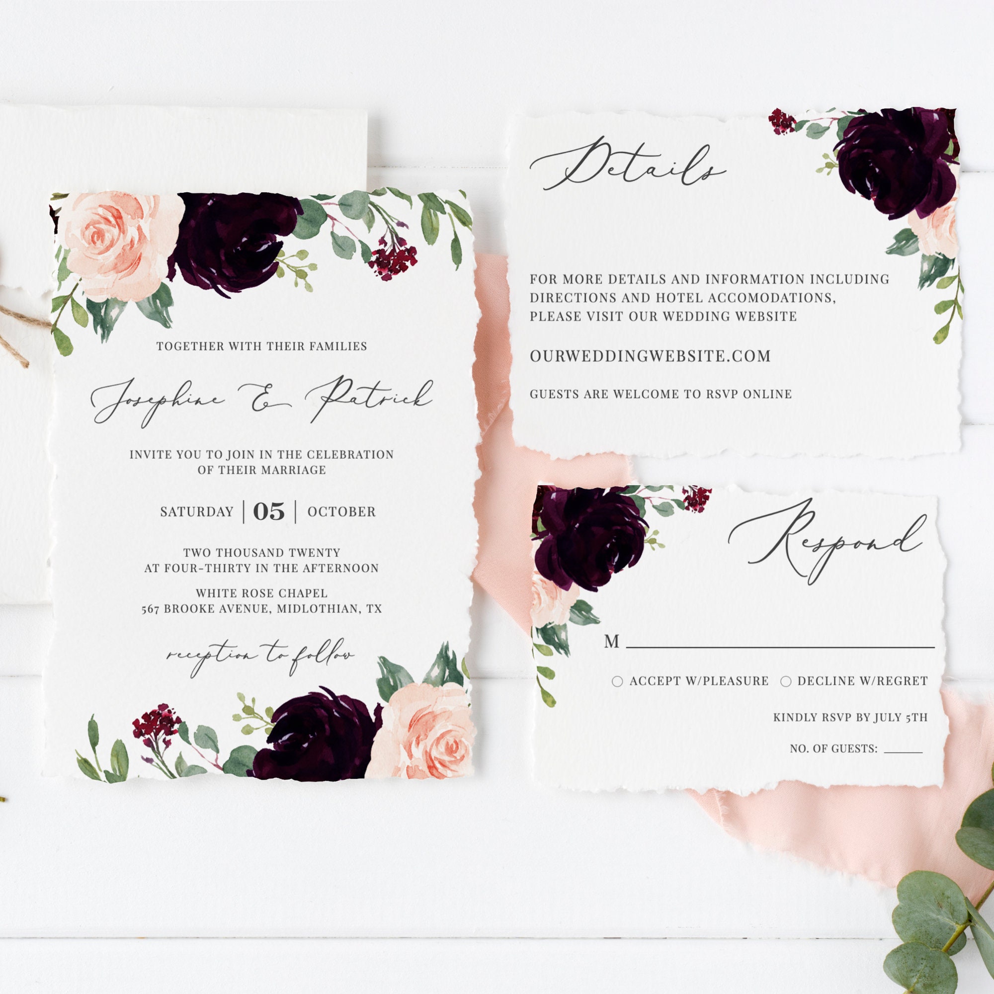 Bethany Wedding Invitation Template Download Burgundy Plum | Etsy