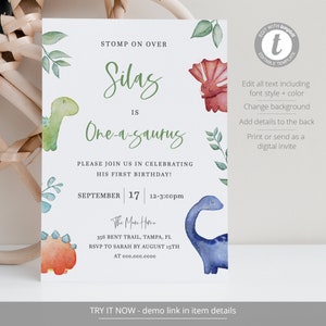 Rex - One-a-saurus First Birthday Invitation Template, Dinosaur First ...
