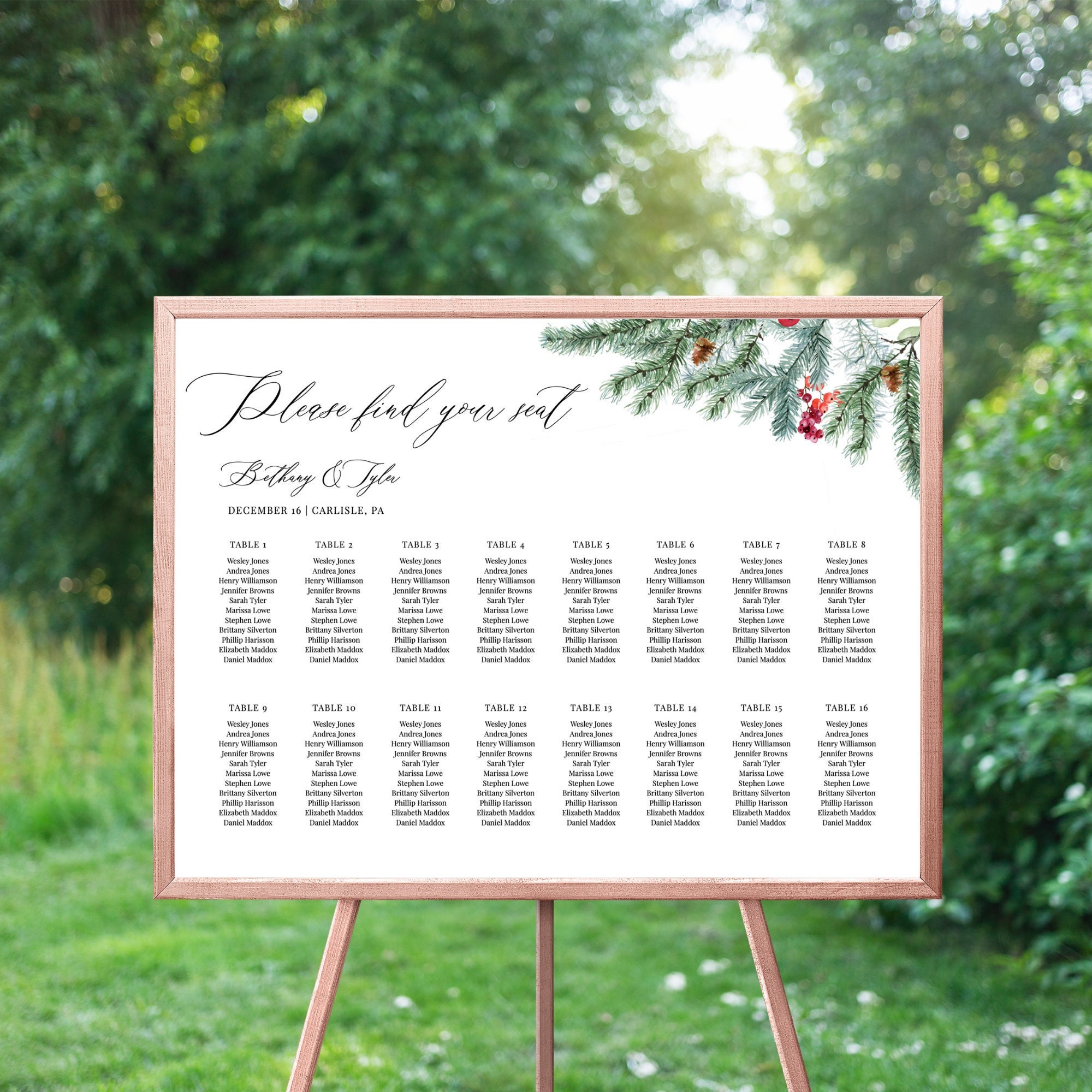 Noella - Christmas Pine Seating Chart Template, Horizontal Elegant ...