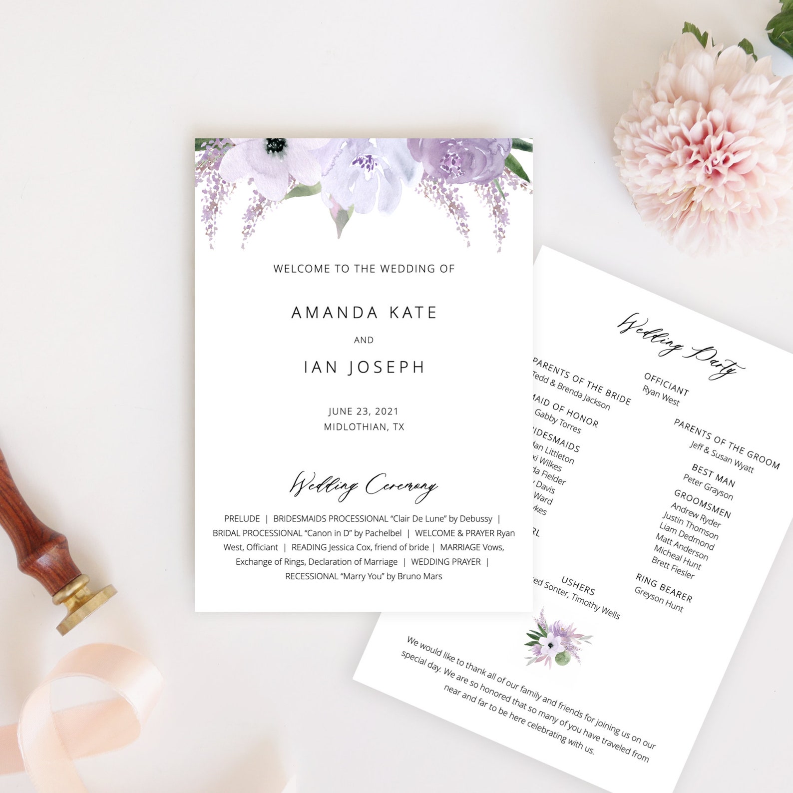Lavender Wedding Program Fan Template, Lilac Purple Floral, Wedding ...