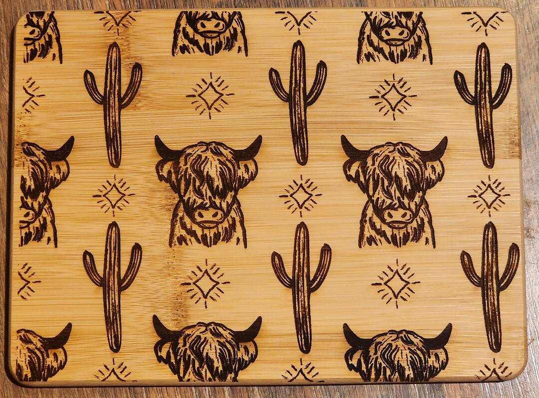 Highland Cow and Cactus, Western, Country Etched Bamboo Wood Cutting ...