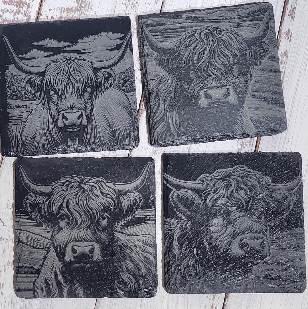 Highland Cow, Western, Etched Slate Coasters, Set of 4, Four Different ...