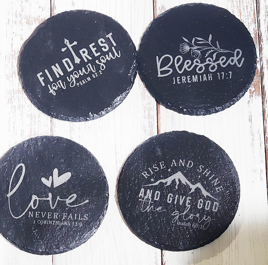 Christian Scripture, Phrases, Etched Slate Coasters, Set of 4, Four ...