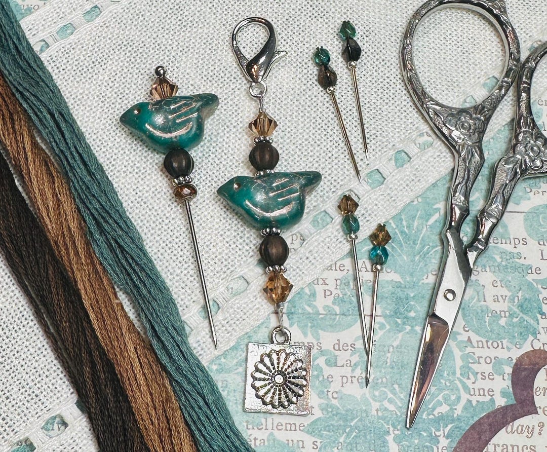 Teal Bird Needlework Accessory Set ~ Counting Pin, Scissor Fob, Marking ...