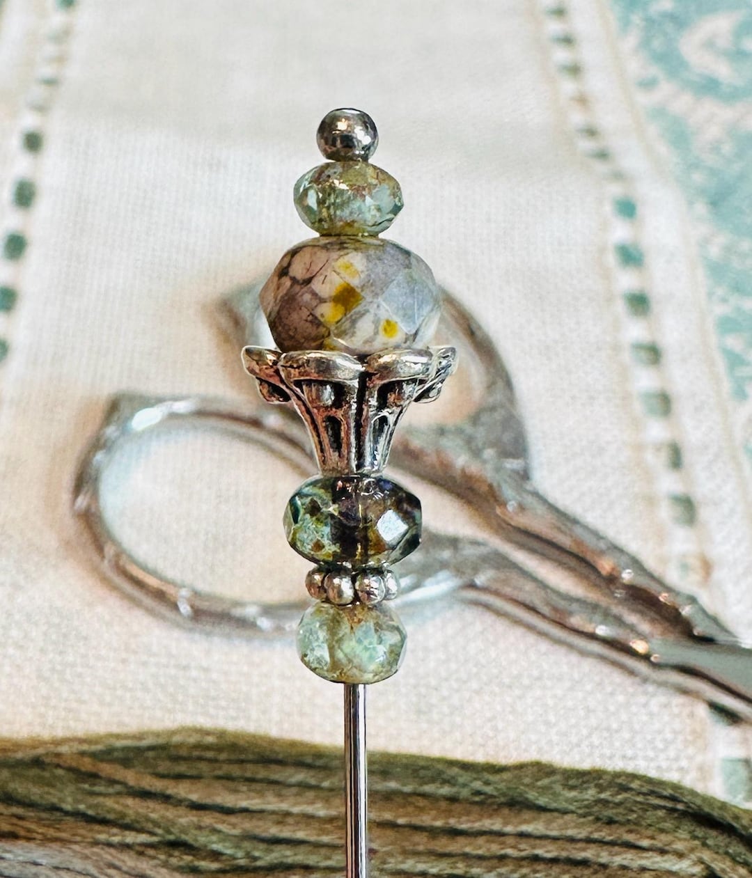 Sage Tulip Counting Pin ~ Soft Green, Antique Silver ~ Czech Glass ...