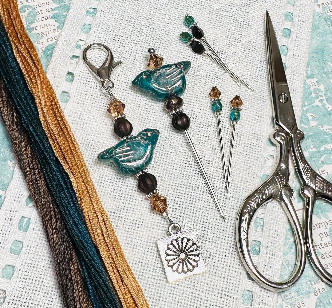Teal Bird Counting Pin, Scissor Fob, Marking Pins Needlework Accessory ...