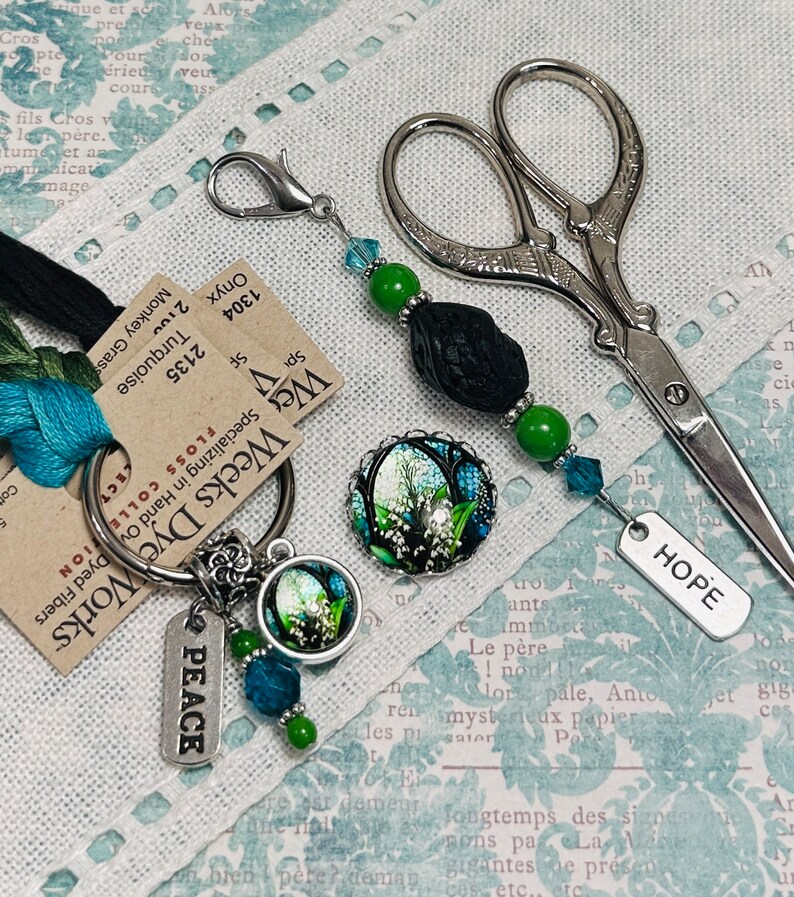 Peace and Hope Scissor Fob, Thread Keep, Needle Minder ~ Blue, Green ...