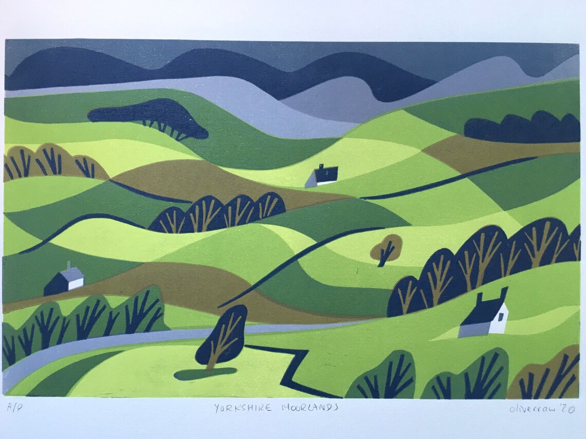 Yorkshire Countryside Linocut Print | Etsy