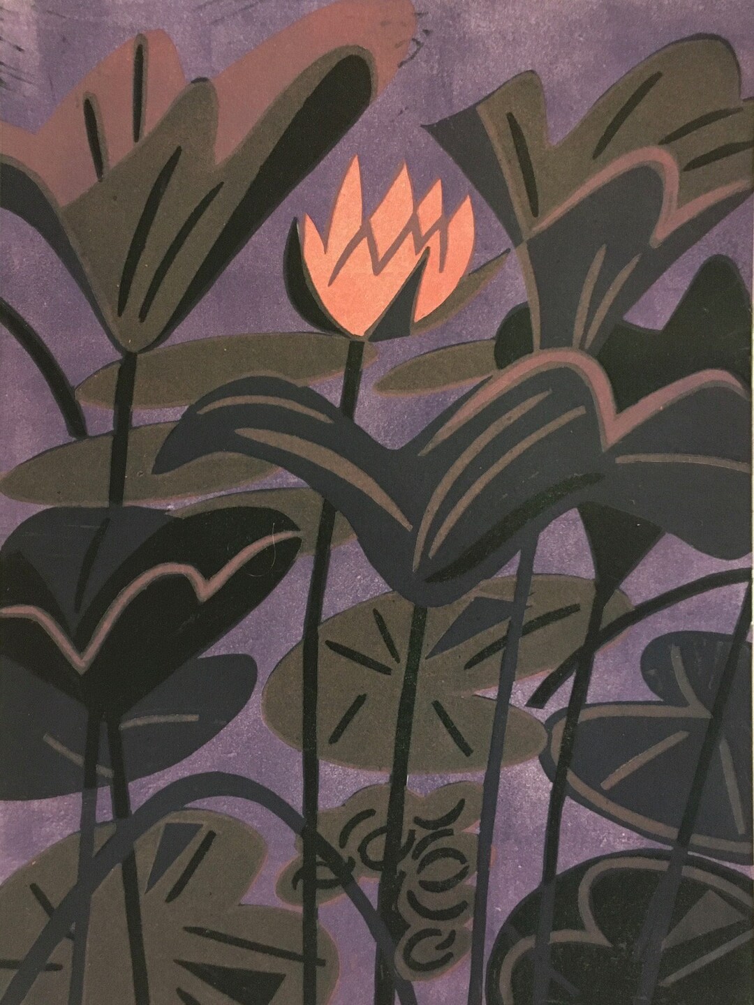 Lotus Pond – Handmade Limited Edition Linocut Art Print of Lotus Flower ...