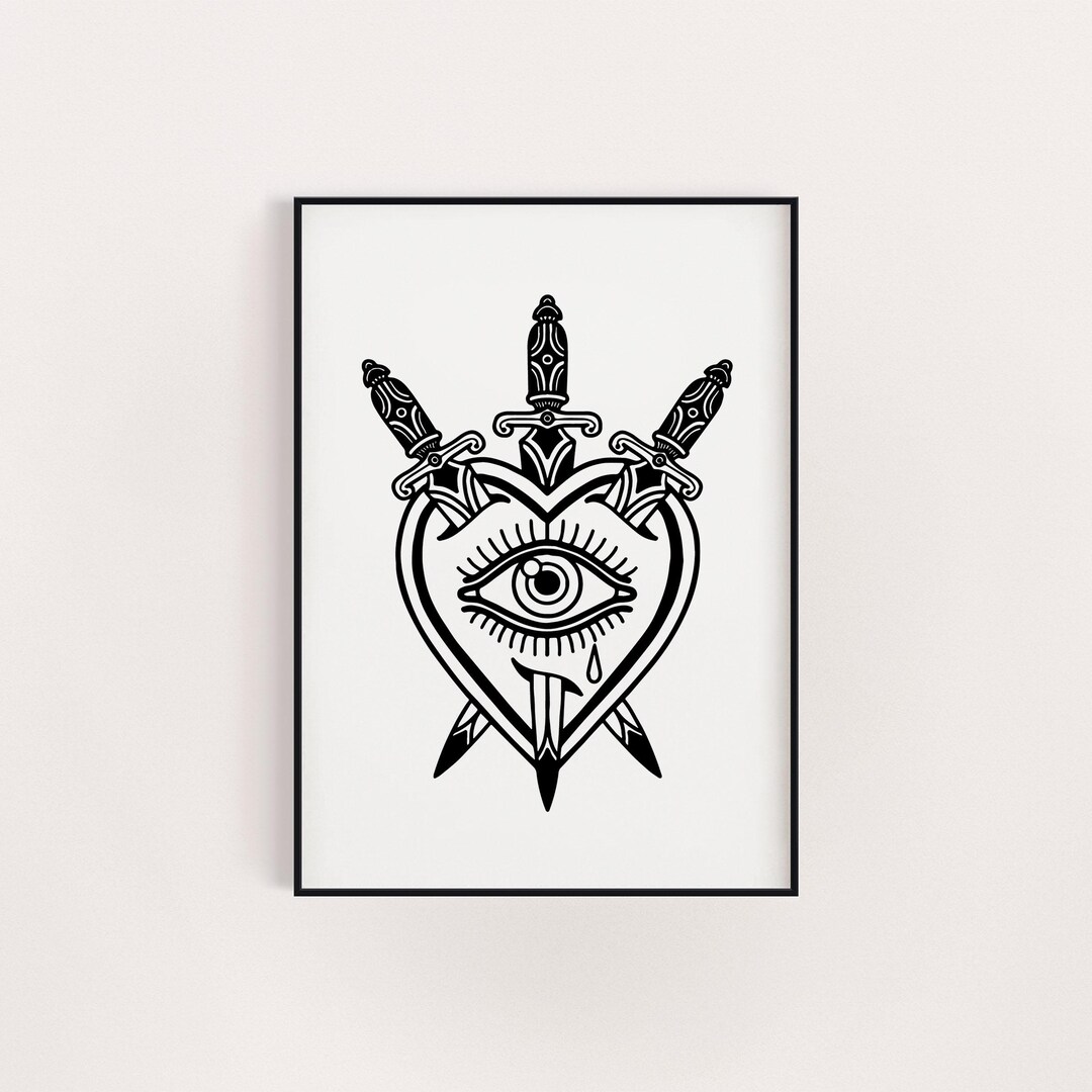 Heart Dagger Traditional Poster Print, Birthday Gift for Her, A5 8x10 ...